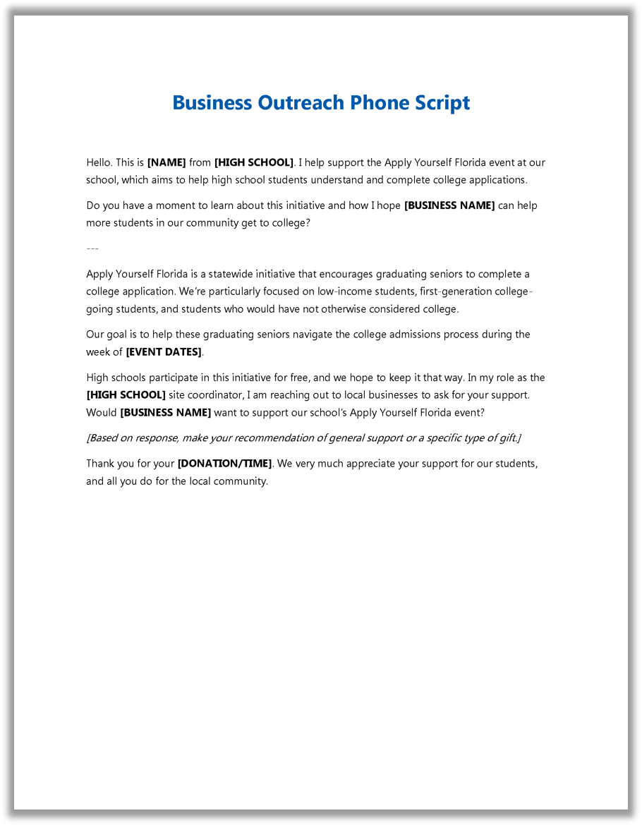 Business Outreach Phone Script - Florida College Access Network
